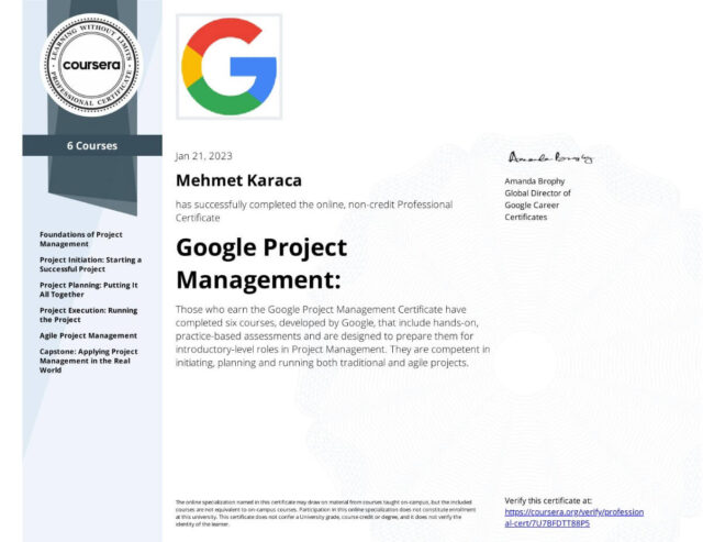 Google Project Management Certificate – Mehmet Karaca
